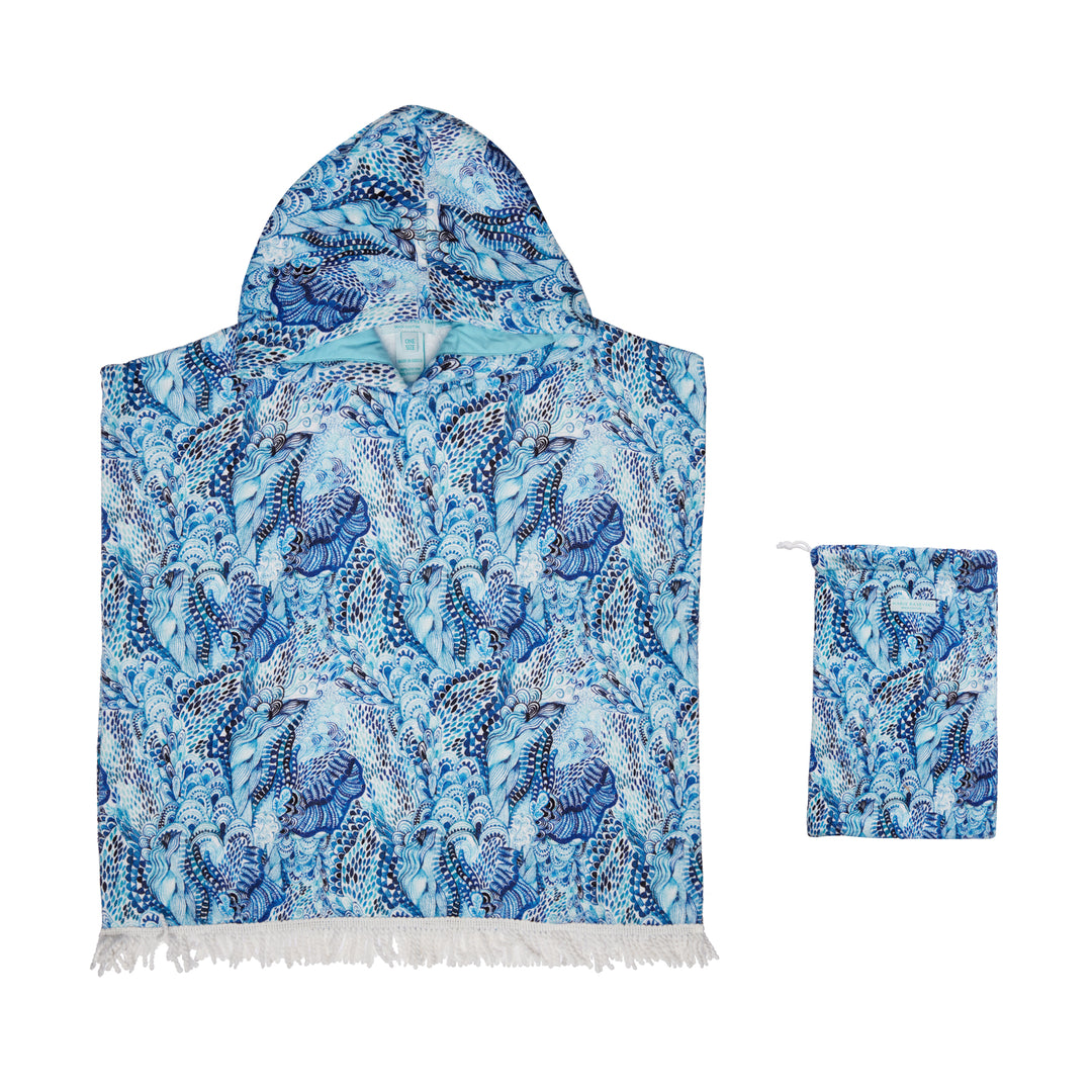 GIRL'S HOODED TERRY PONCHO WAVES – Marie Raxevsky | Beach Couture